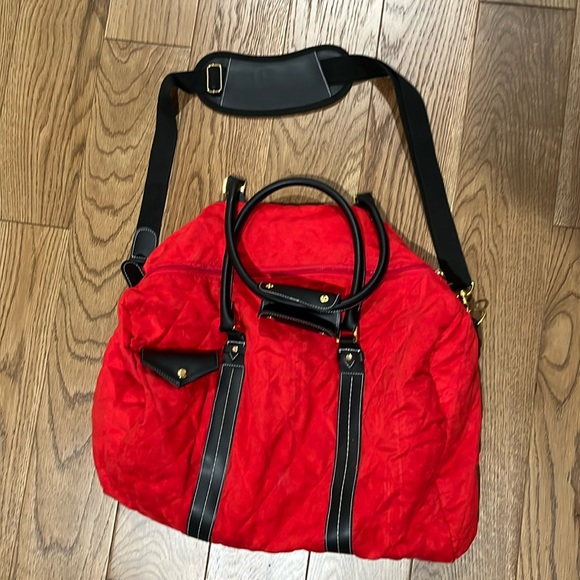 Bags | Red Duffle Bag With Black And Gold Handles | Poshmark